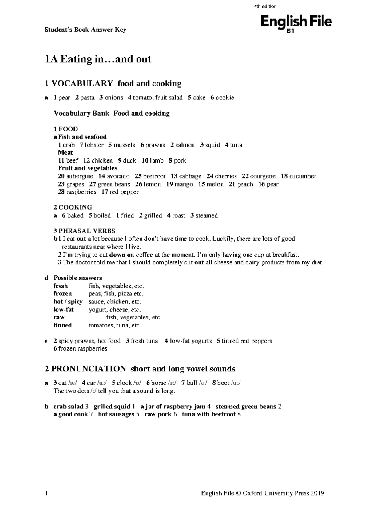 Answer Key for English File 4th Edition B1 Intermediate Student's Book ...