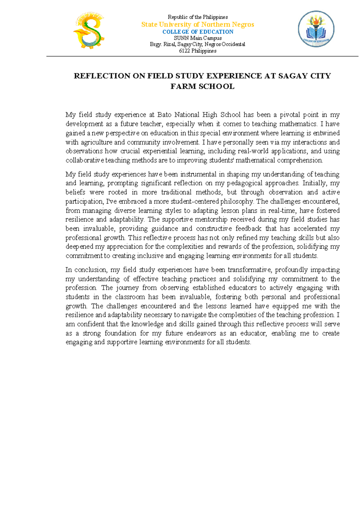 Reflection on Field Study Experience - Republic of the Philippines ...