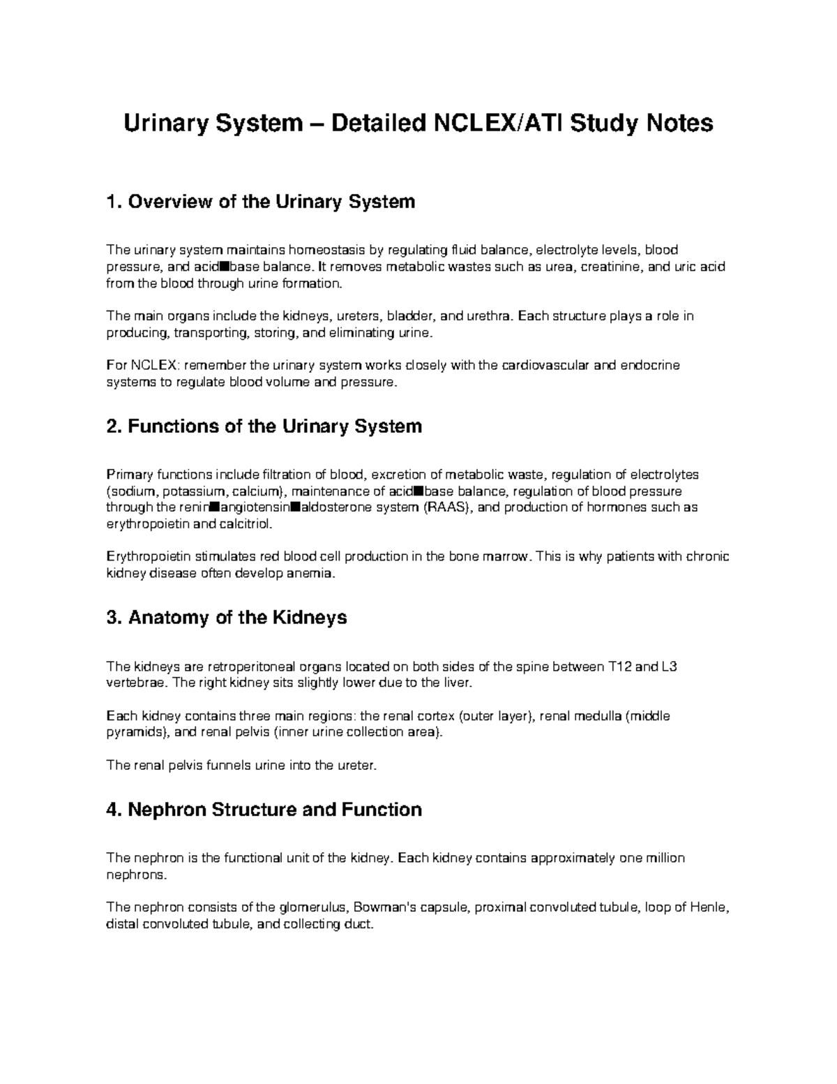 NCLEX Urinary System Study Notes: Functions, Anatomy & Regulation - Studocu