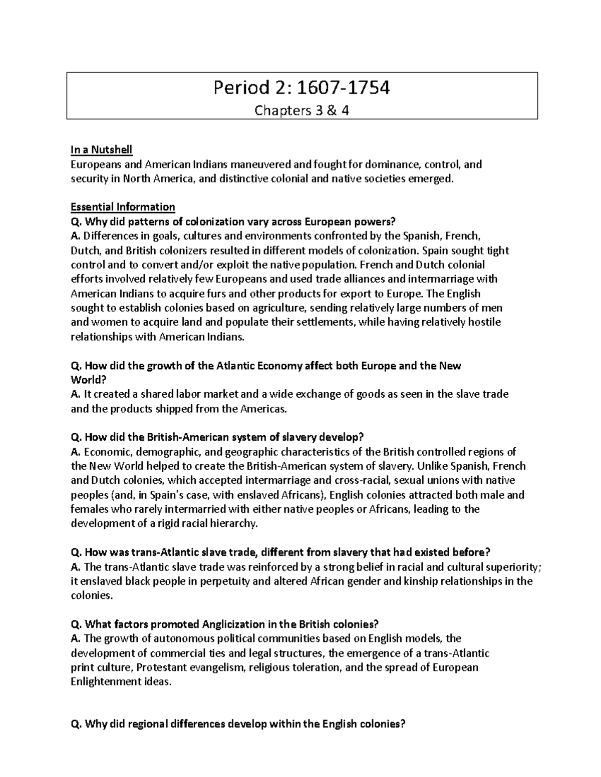Period 2: 1607-1754 - Colonial Era Insights and Key Concepts - Studocu
