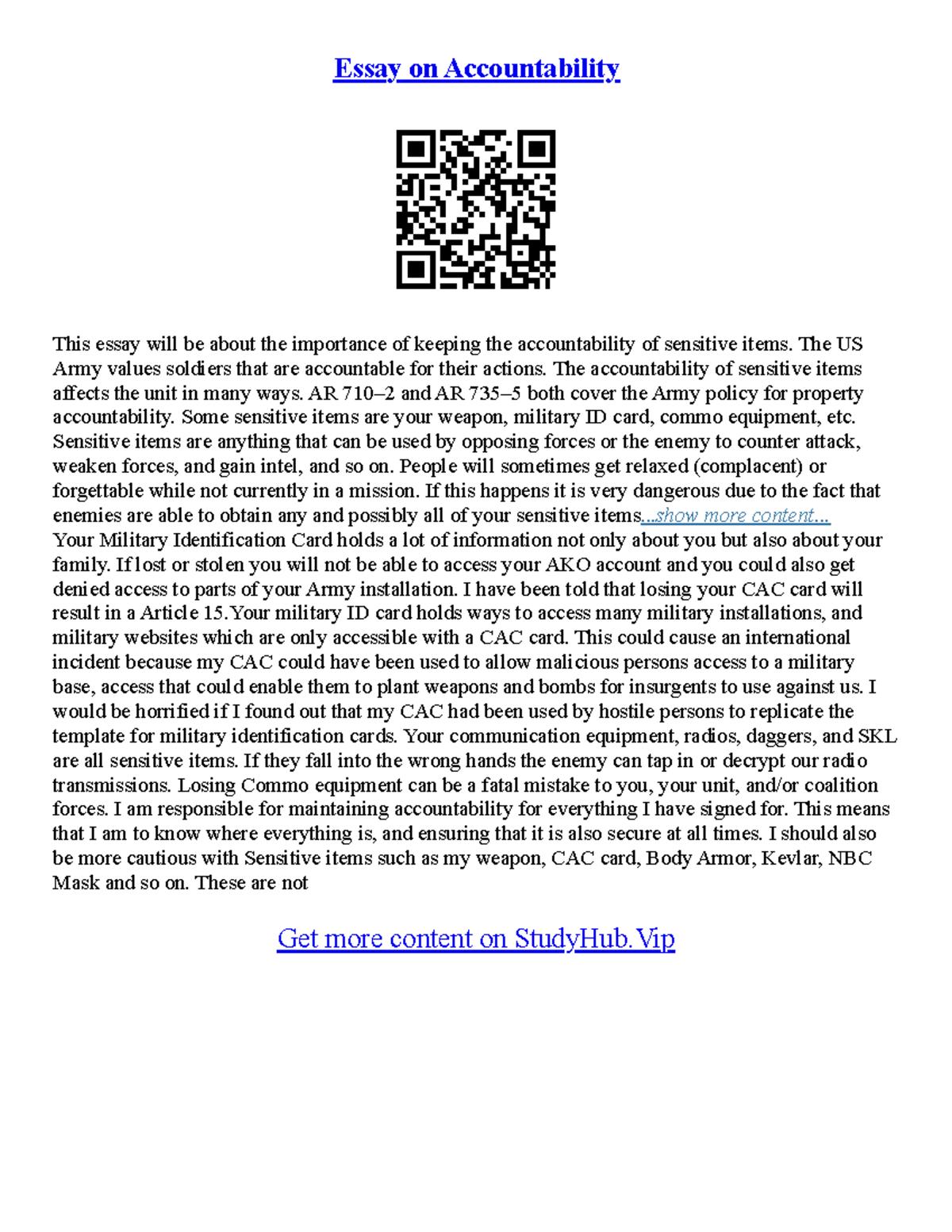 1000 Word Essay on Accountability in the US Army Context - Studocu