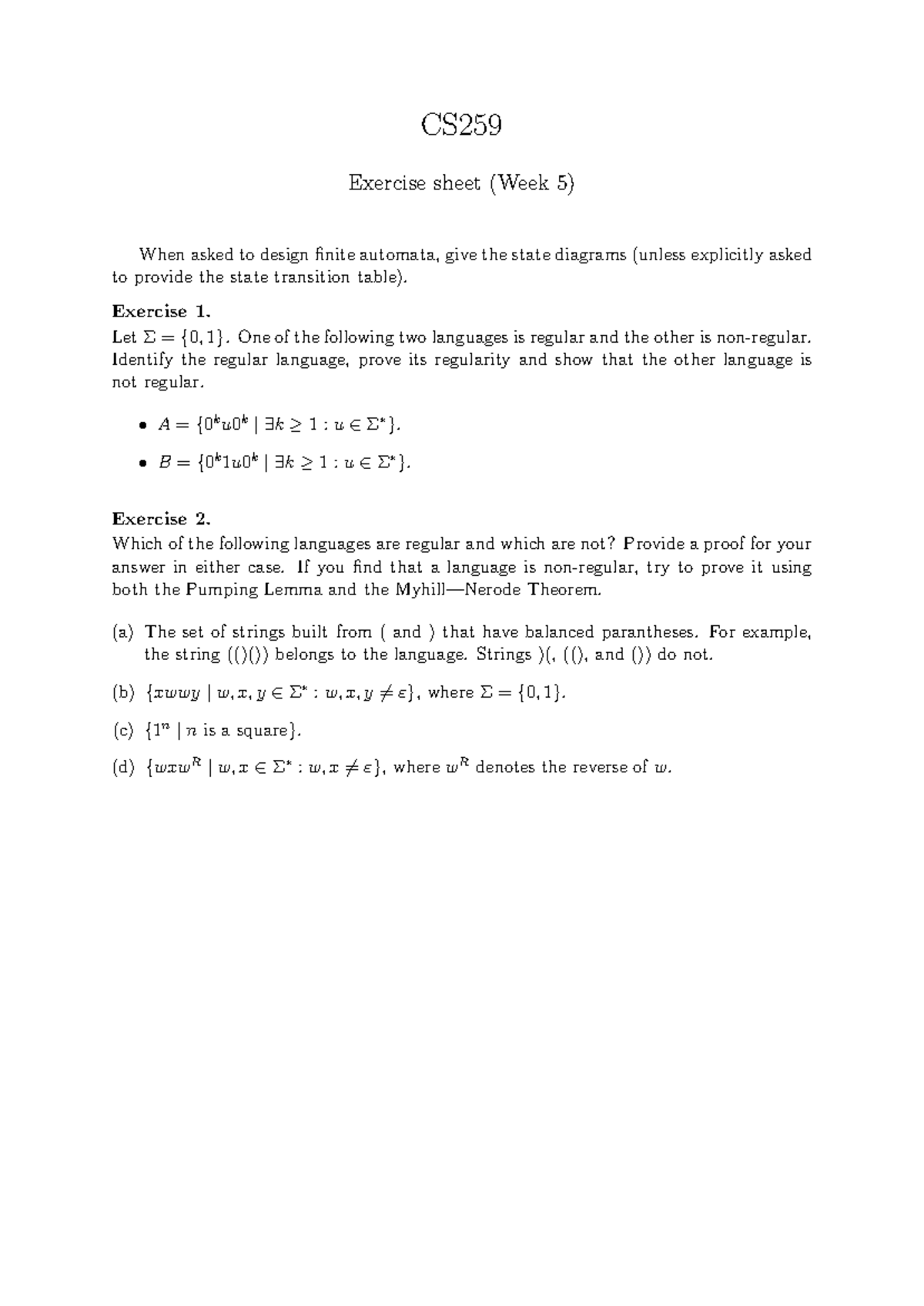 CS259 Exercise Sheet: Finite Automata & Regular Languages (Week 5 ...