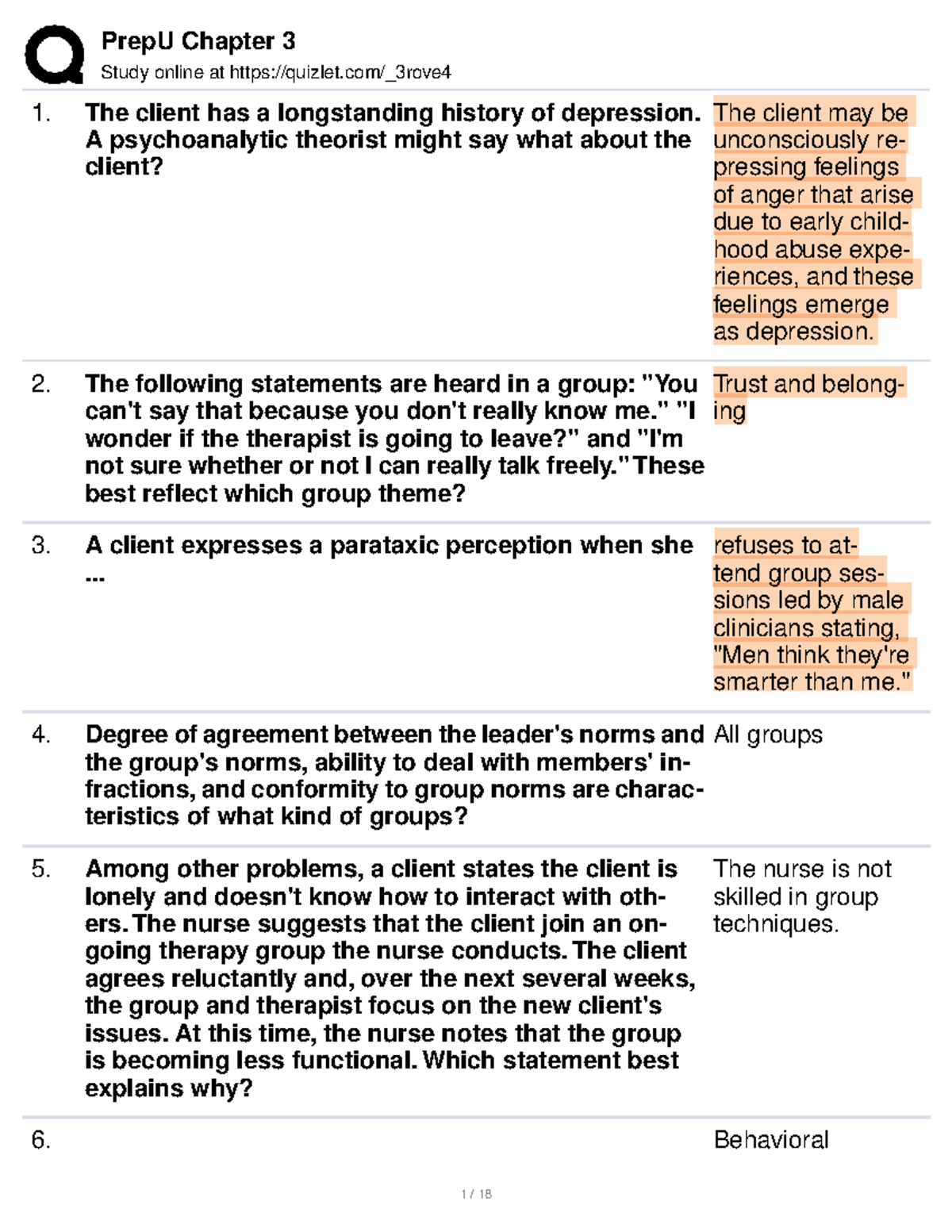 PrepU NUR 418 Chapter 3 Study Guide: Key Concepts in Psychotherapy - Studocu