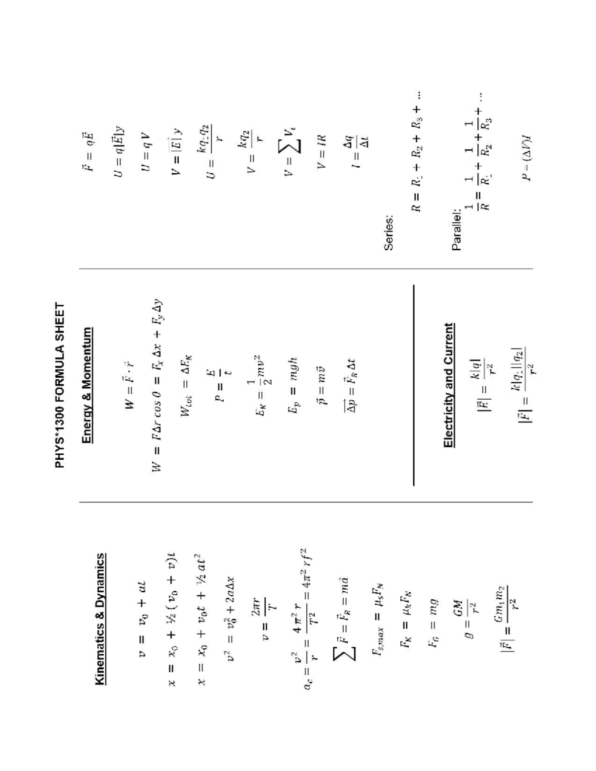 PHYS*1300 Formula Sheet: Energy, Momentum, Kinematics & Dynamics - Studocu