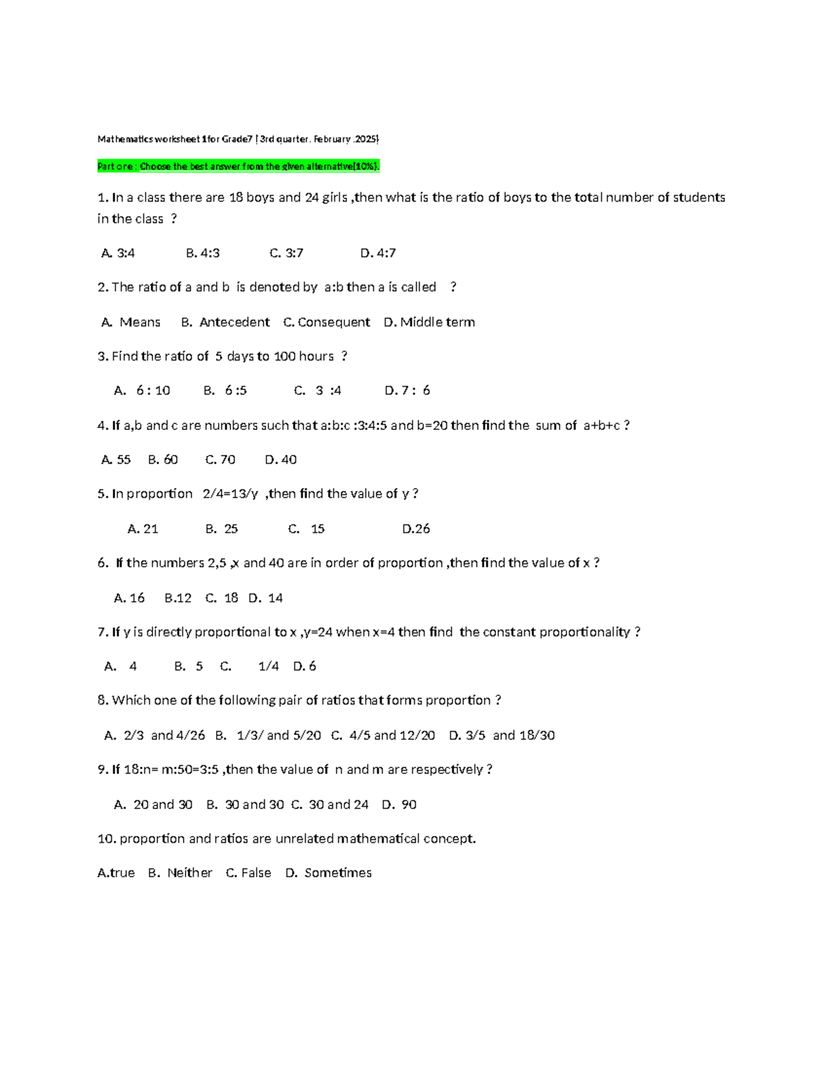 Grade 7 Math Worksheet: Ratios & Proportions (Q1, Feb 2025) - Studocu