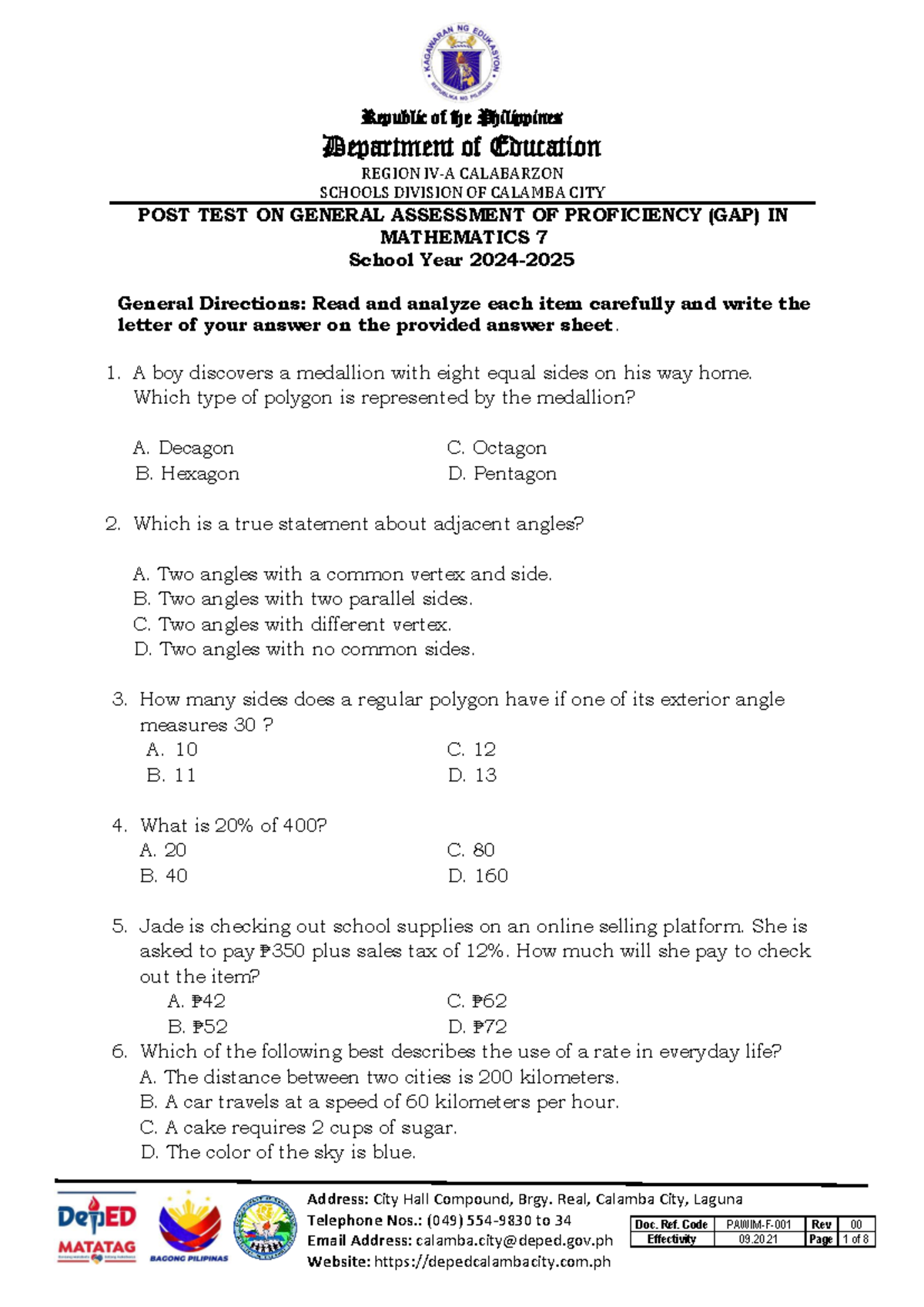 MATHEMATICS 7 POST TEST ON GENERAL ASSESSMENT OF PROFICIENCY - Studocu