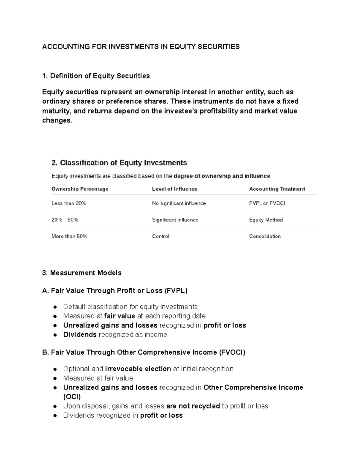 ACCT 101: Equity Securities Overview and Measurement Models - Studocu