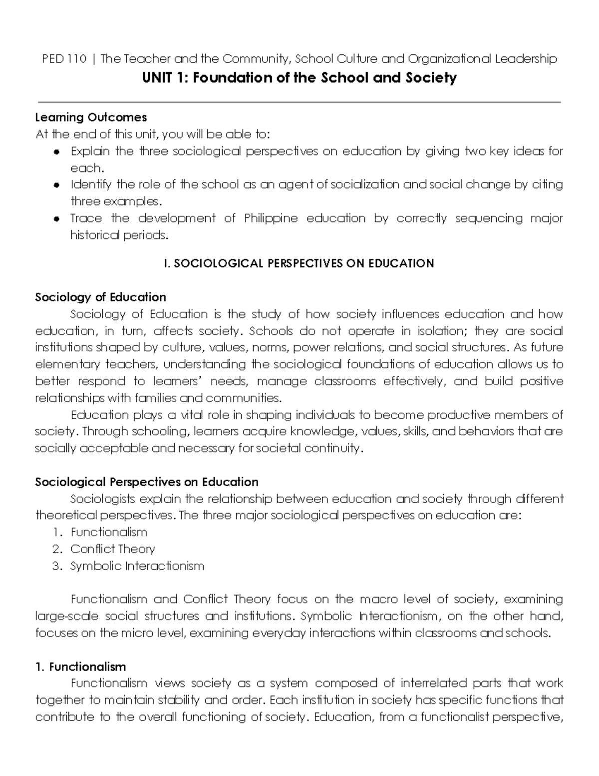 PED 110 Unit 1: Sociological Perspectives on Education and Society ...