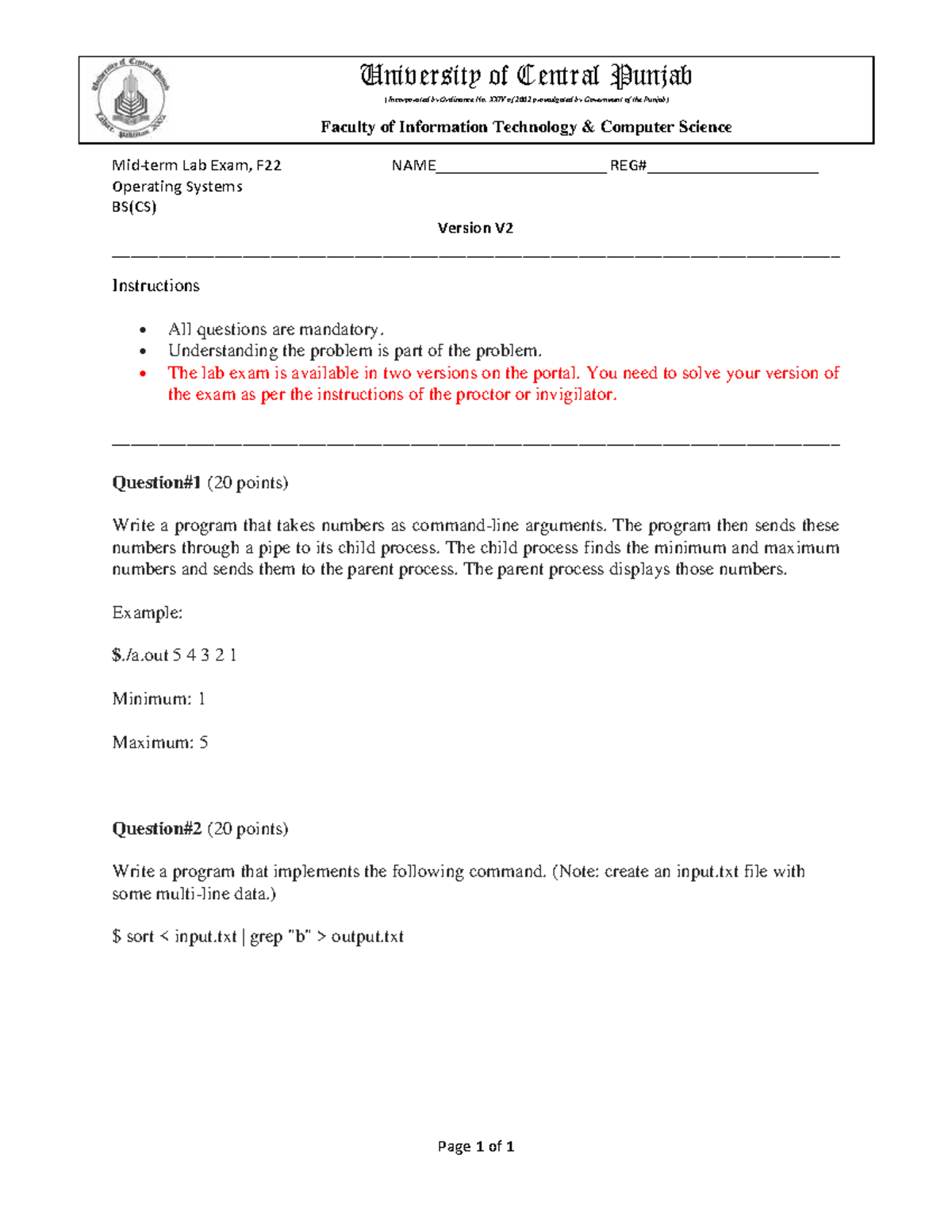 Operating Systems Lab Exam (OS) Midterm F22 - Version V2 - Studocu