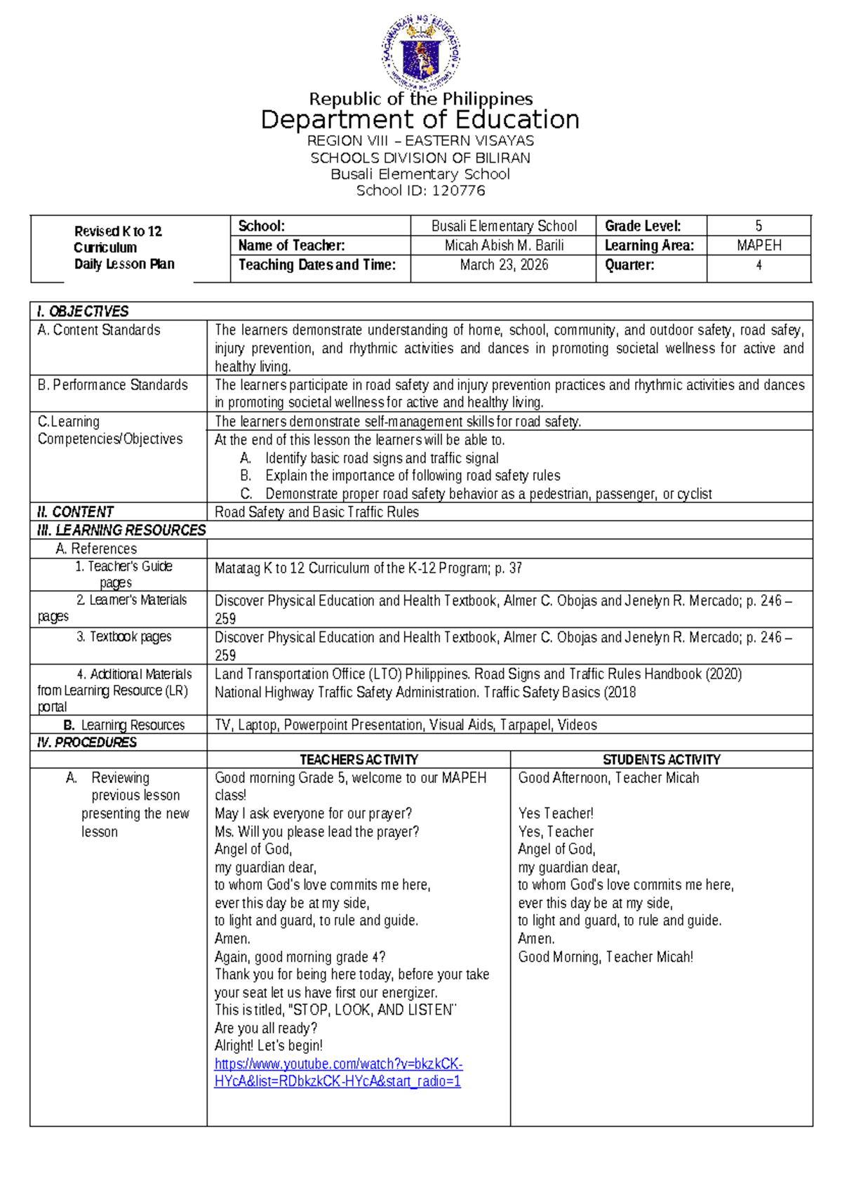 K to 12 MAPEH Grade 5 Daily Lesson Plan on Road Safety and Traffic ...