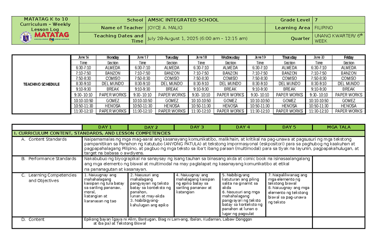 MATATAG K to 10 Curriculum Grade 7 Lesson Exemplar: 6th Week on Epiko ...