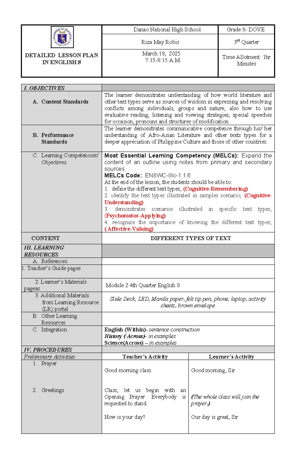 DLP- Quarter 4: Detailed Lesson Plan for English 8 Outline - Studocu