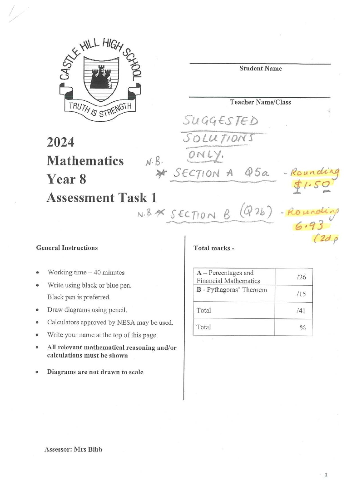 Year 8 Mathematics Assessment Task 1: 2024 Solutions - Studocu