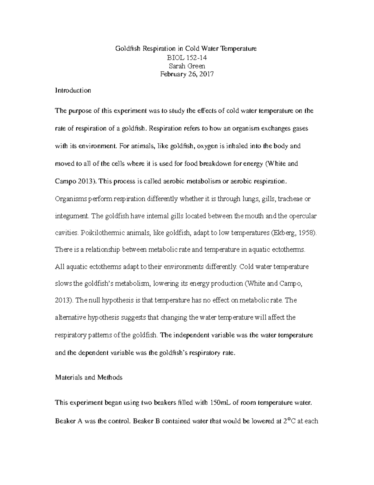 BIOL Final Exam: Effects of Cold Water on Goldfish Respiration - Studocu