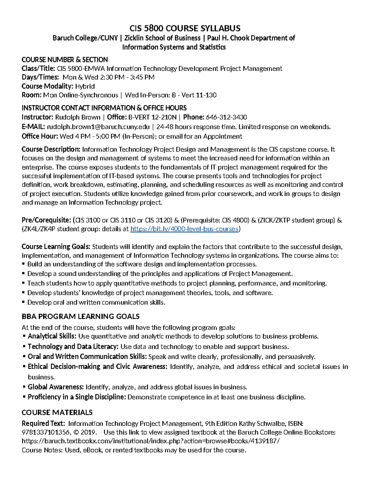 CIS 5800 EMWA Syllabus Spring 24 - CIS 5800 COURSE SYLLABUS Baruch College/CUNY | Zicklin School ...