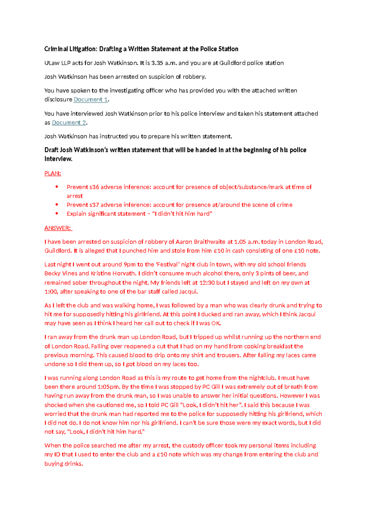 Criminal Litigation: Drafting a Written Statement for Josh Watkinson ...