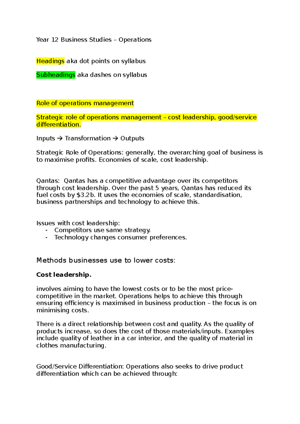 Year 12 Business Studies - Operations - Year 12 Business Studies ...