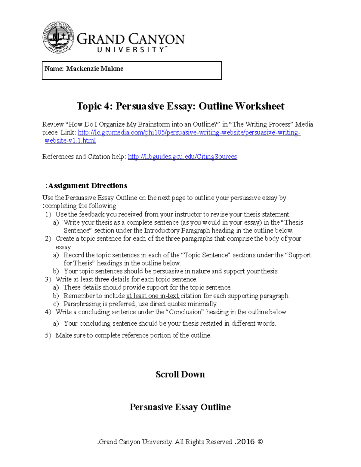 Persuasive Essay Outline Worksheet - Link: References and Citation help ...