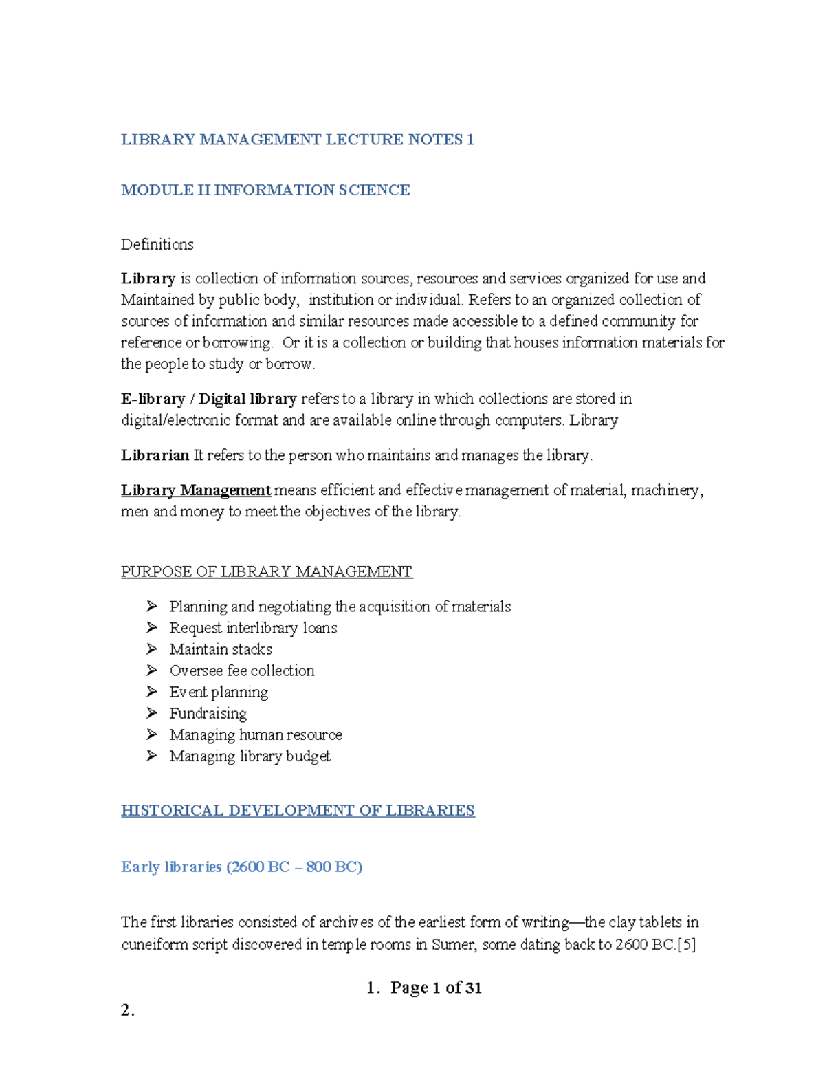 LIBRARY MANAGEMENT LECTURE NOTES 1 MODULE II: INFO SCIENCE OVERVIEW ...
