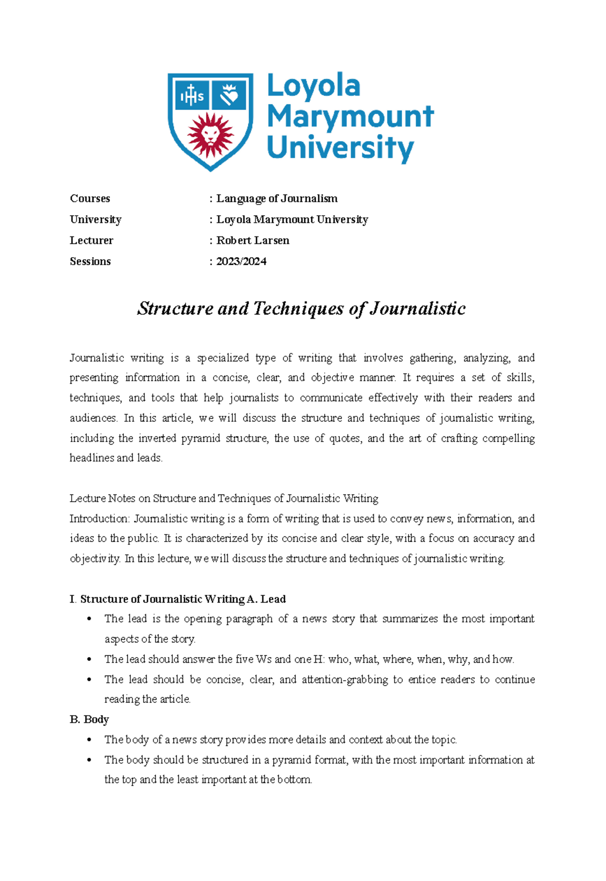 Lecture Notes on Structure and Techniques of Journalistic Writing (JOUR ...