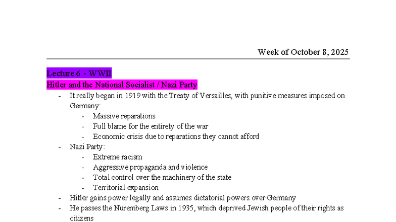 HST526 Week 6 Lecture Notes: WWII, Hitler, and Women's Roles - Studocu