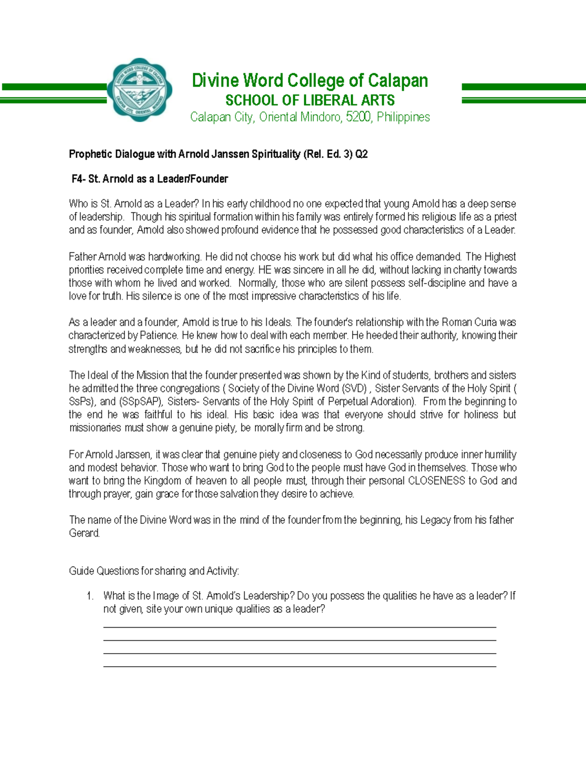 SVD-St: Prophetic Dialogue on St. Arnold's Leadership Qualities - Studocu