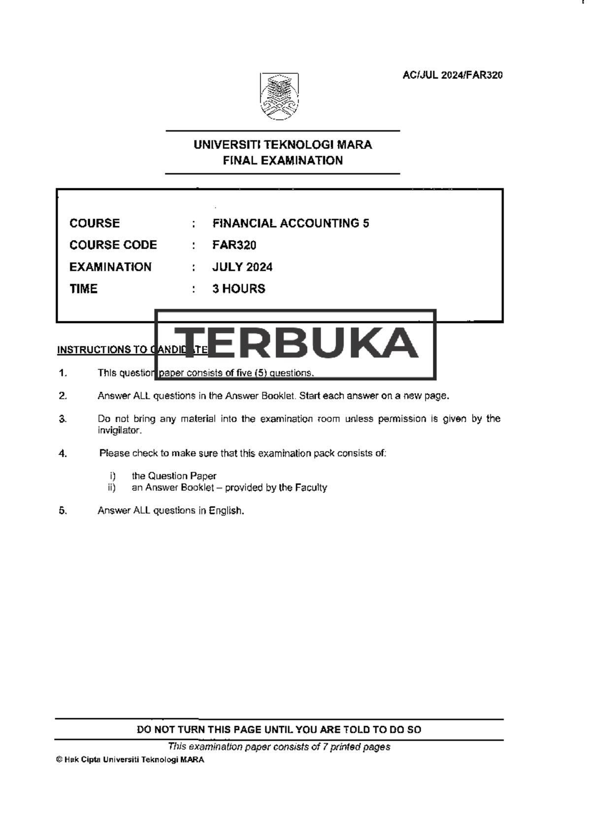 Far320 Final Exam Paper Financial Accounting 5 July 2024 Studocu