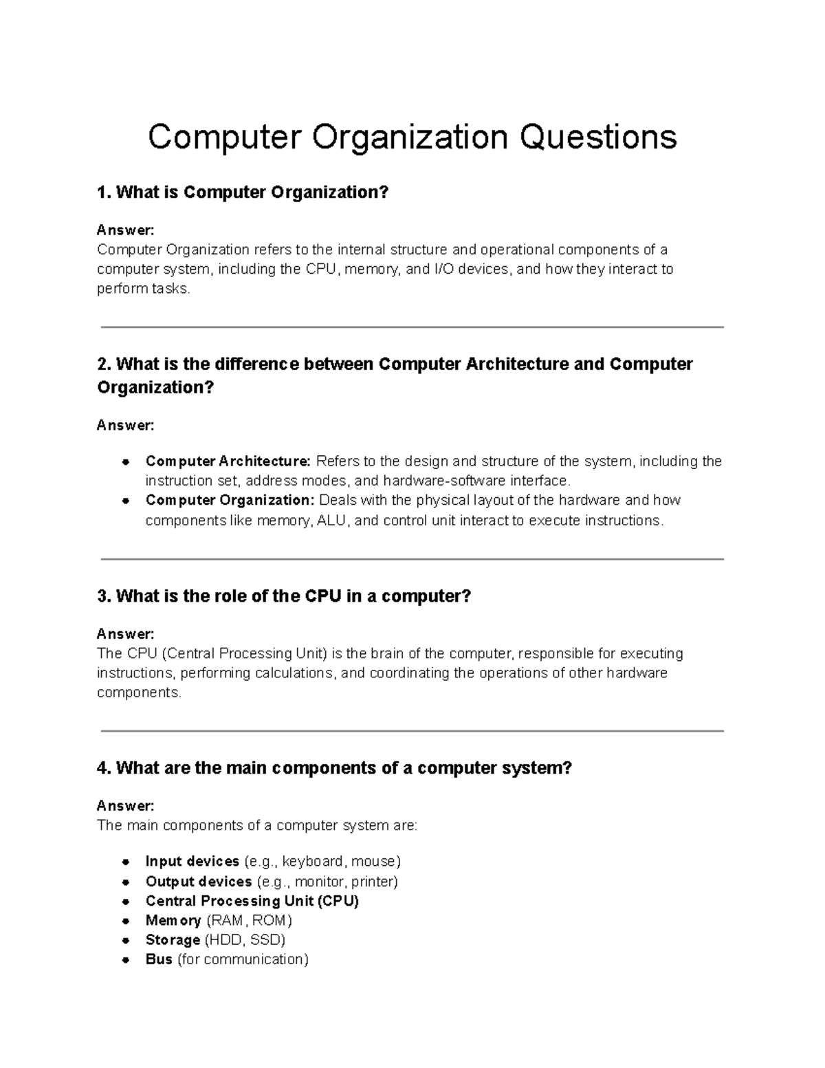 Computer Organization & Architecture: Key Concepts & Questions - Studocu