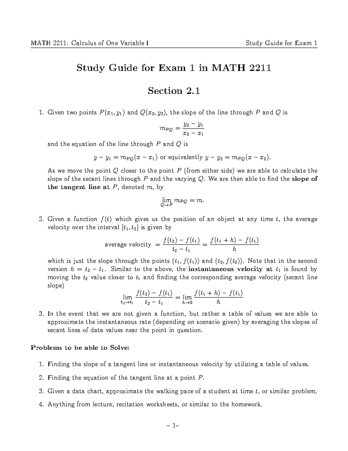 MATH 2211: Calculus of One Variable I Exam 1 Study Guide - Studocu