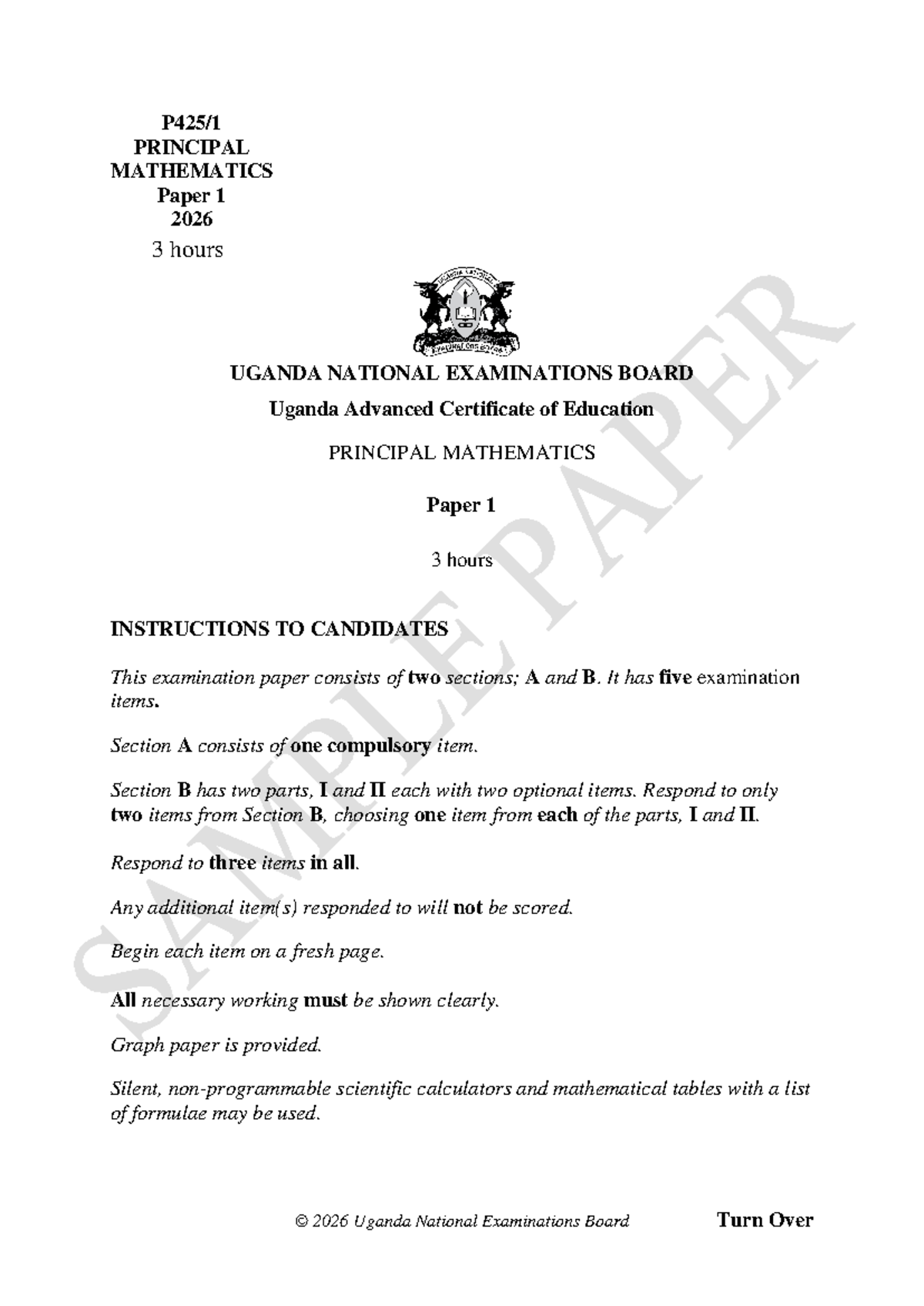 PRINCIPAL MATHEMATICS Paper 1 Sample Exam 2026 - UNEB - Studocu
