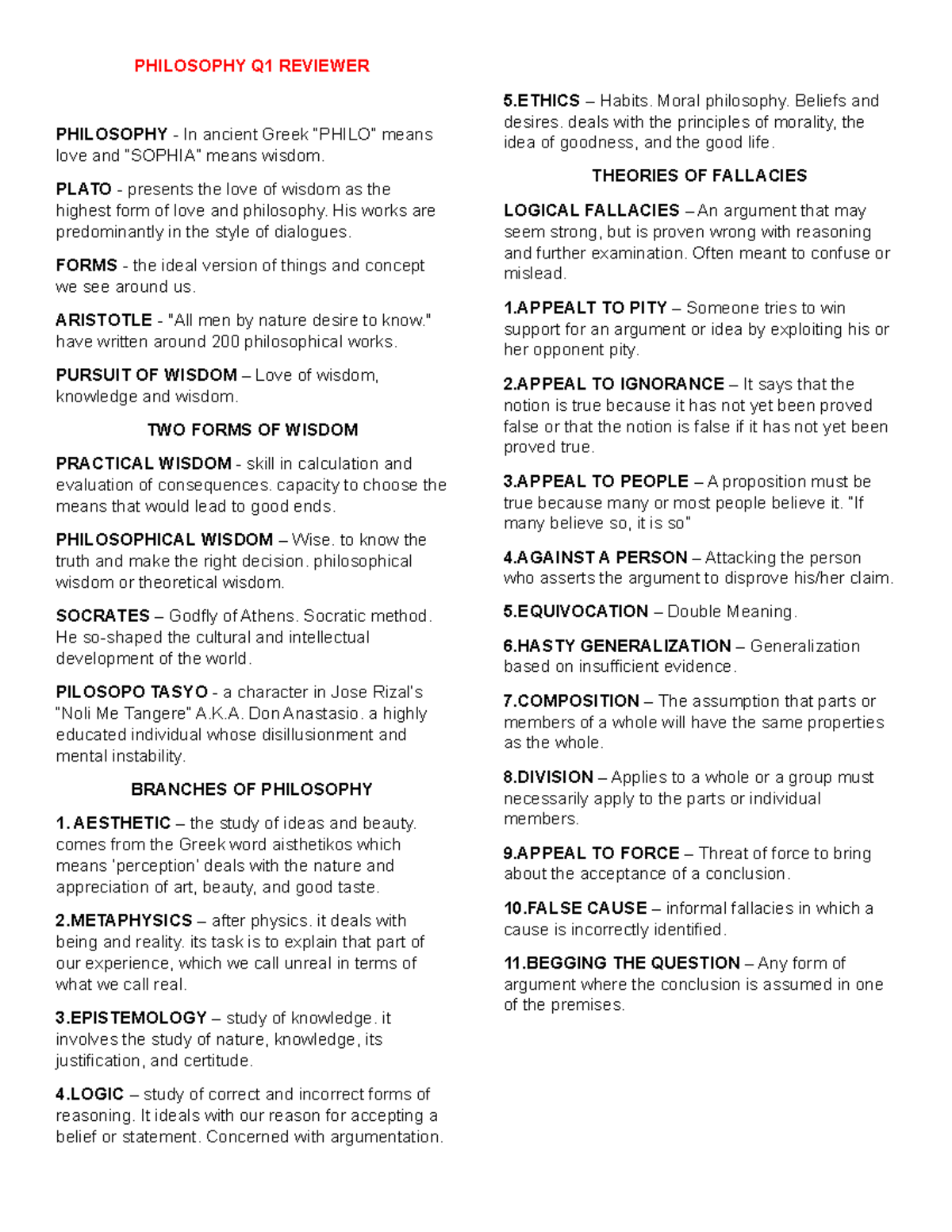 PHIL 101 Q1 Review: Key Concepts in Philosophy and Wisdom - Studocu
