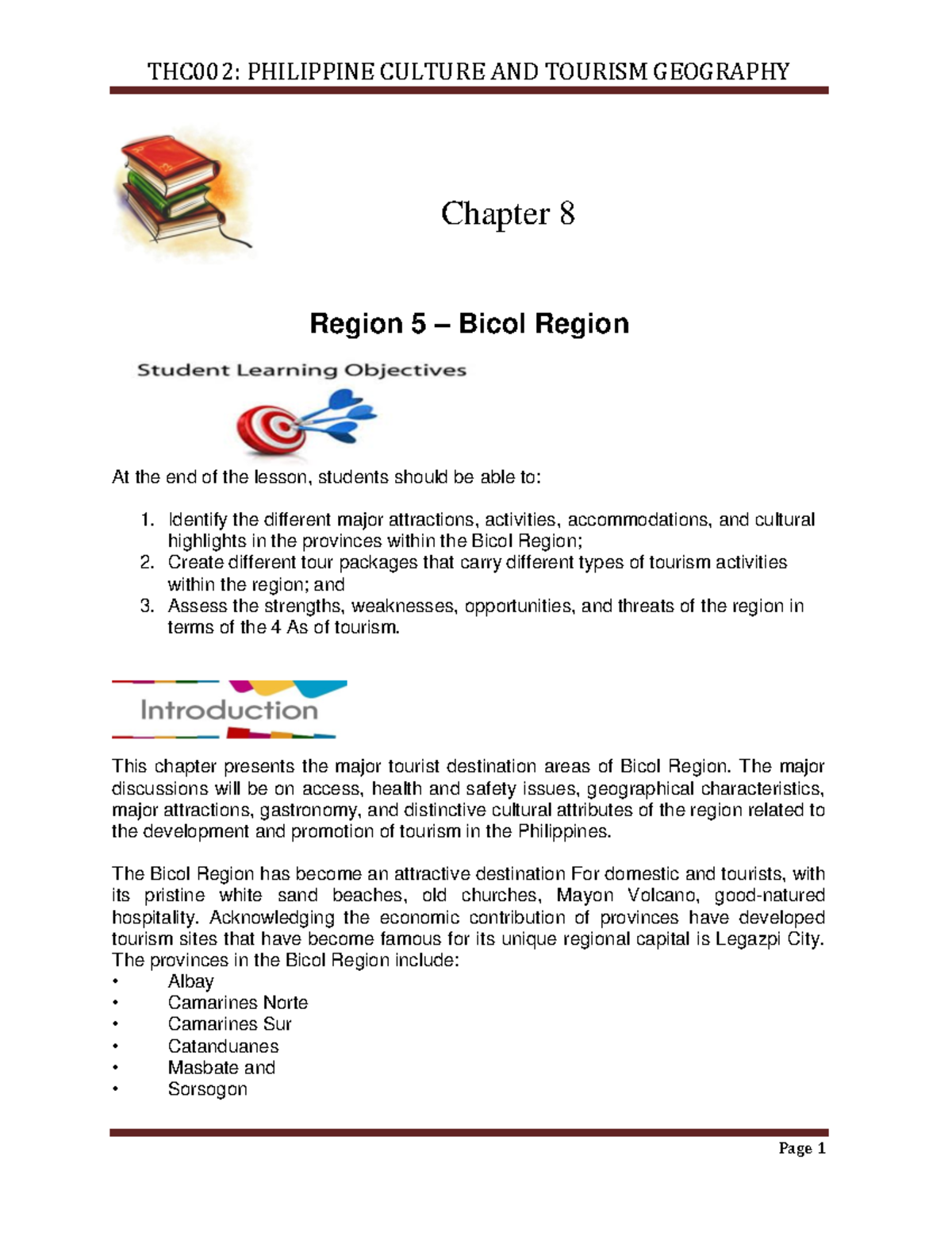 Chapter 8 - Philippine Tourism Geography: Bicol Region Insights - Studocu