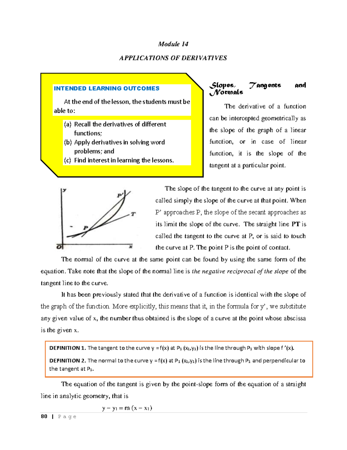 Module 14: Applications of Derivatives - Slopes, Tangents, Normals ...