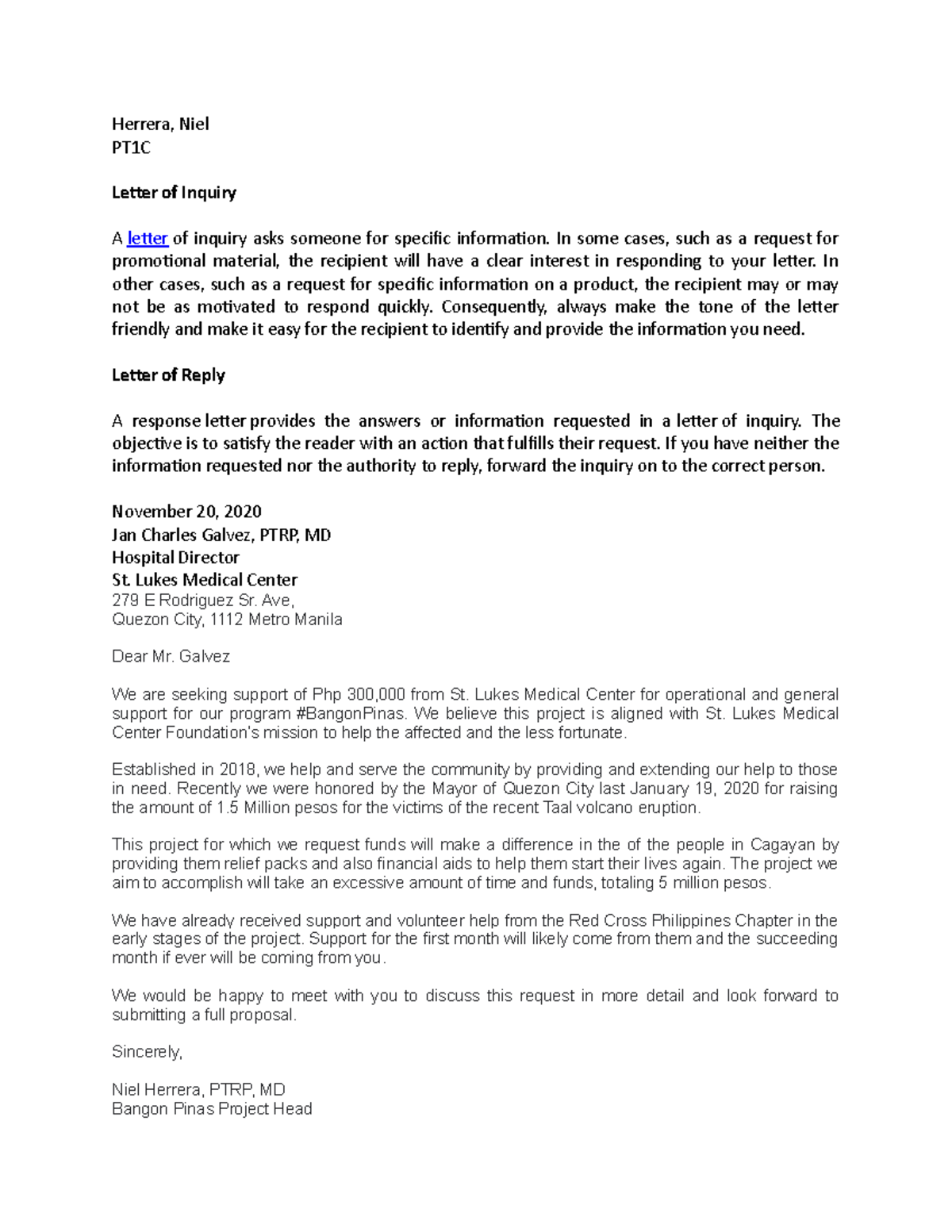 Letter of Inquiry and Response PCOM - Herrera, Niel PT1C Leter of ...