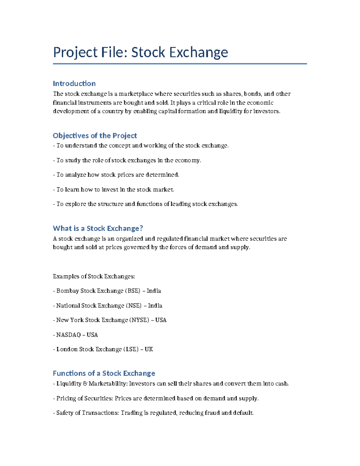 Project File: Introduction to Stock Exchange and Its Functions - Studocu