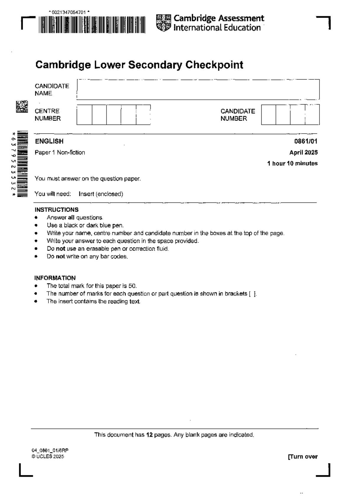 2025 APR ENG P1 - Cambridge Lower Secondary Checkpoint QP - Studocu