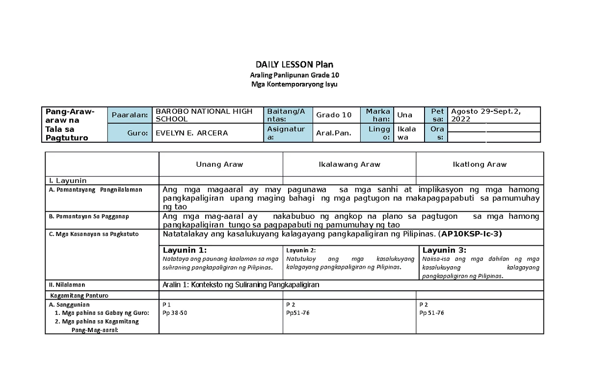 DLL-filipino larang g12 module 1 - LESSON PLAN IN FILIPINO SA PILING LARANG 12 PAARALAN: OC ...