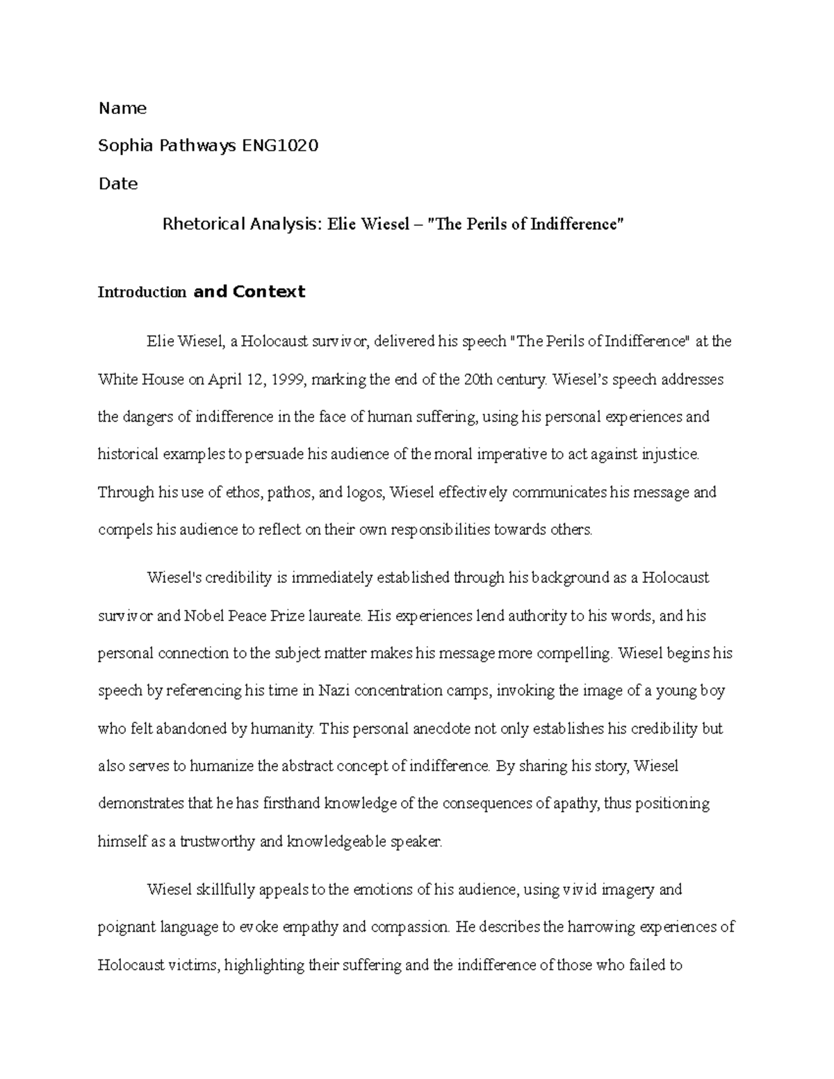 Rhetorical Analysis of Elie Wiesel's "The Perils of Indifference" - Studocu