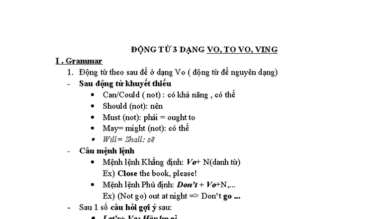 ĐỘNG TỪ 3 DẠNG VO, TO VO, VING - Grammar Notes - Studocu