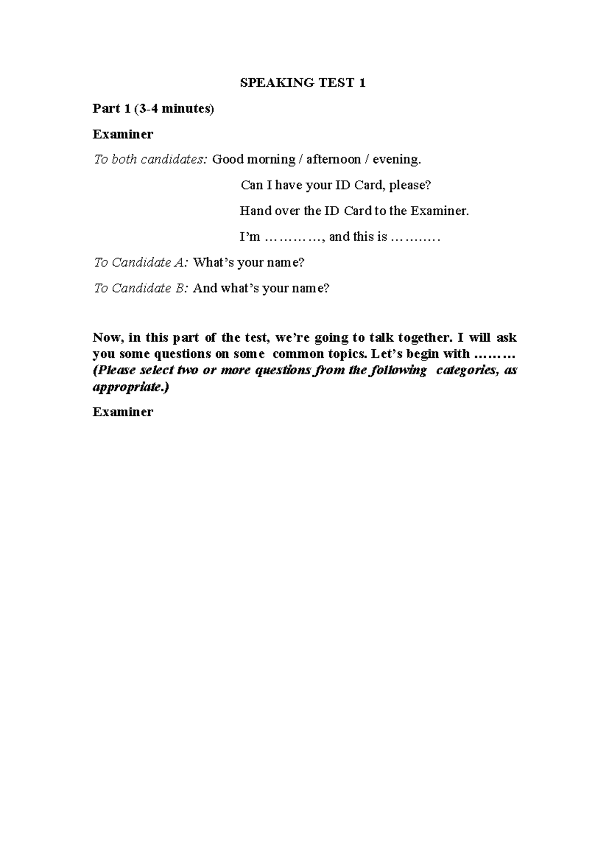 SPEAKING TEST 1 - Bài Tập Thực Hành Nói - Studocu