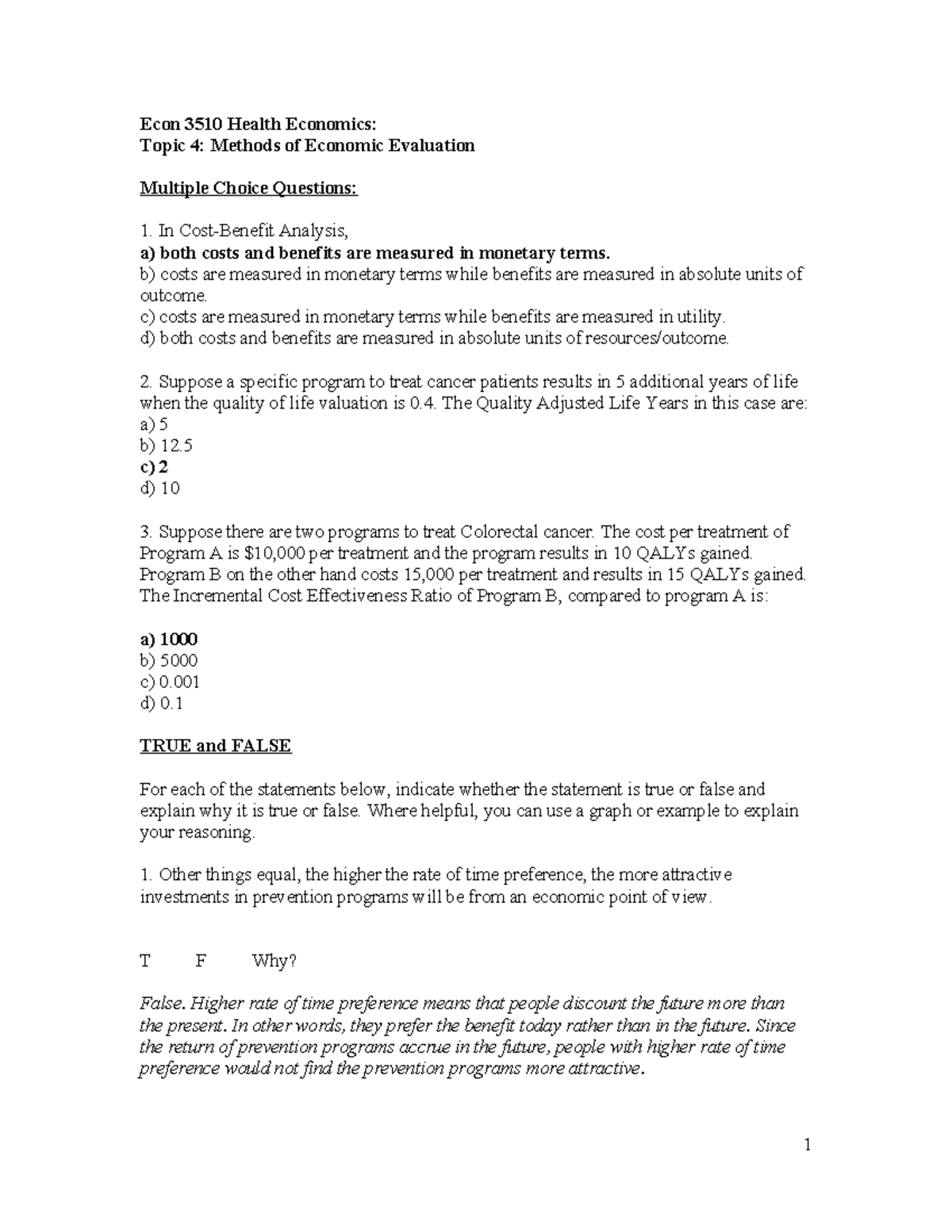 Econ 3510 Health Econ: Topic 4 Practice Questions & MCQs - Studocu