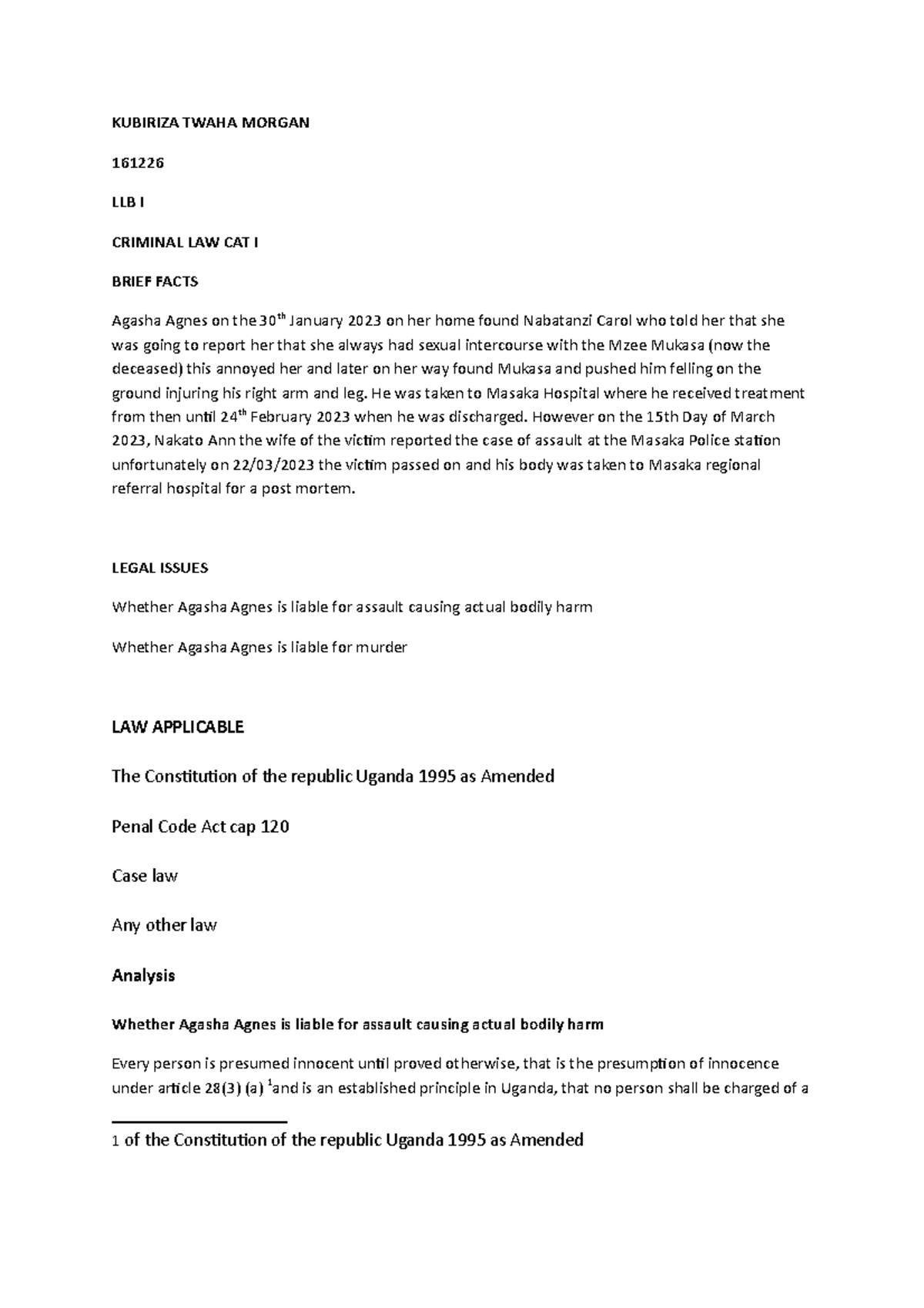 Criminal Law CAT I: Grievous Harm and Murder Analysis - Studocu
