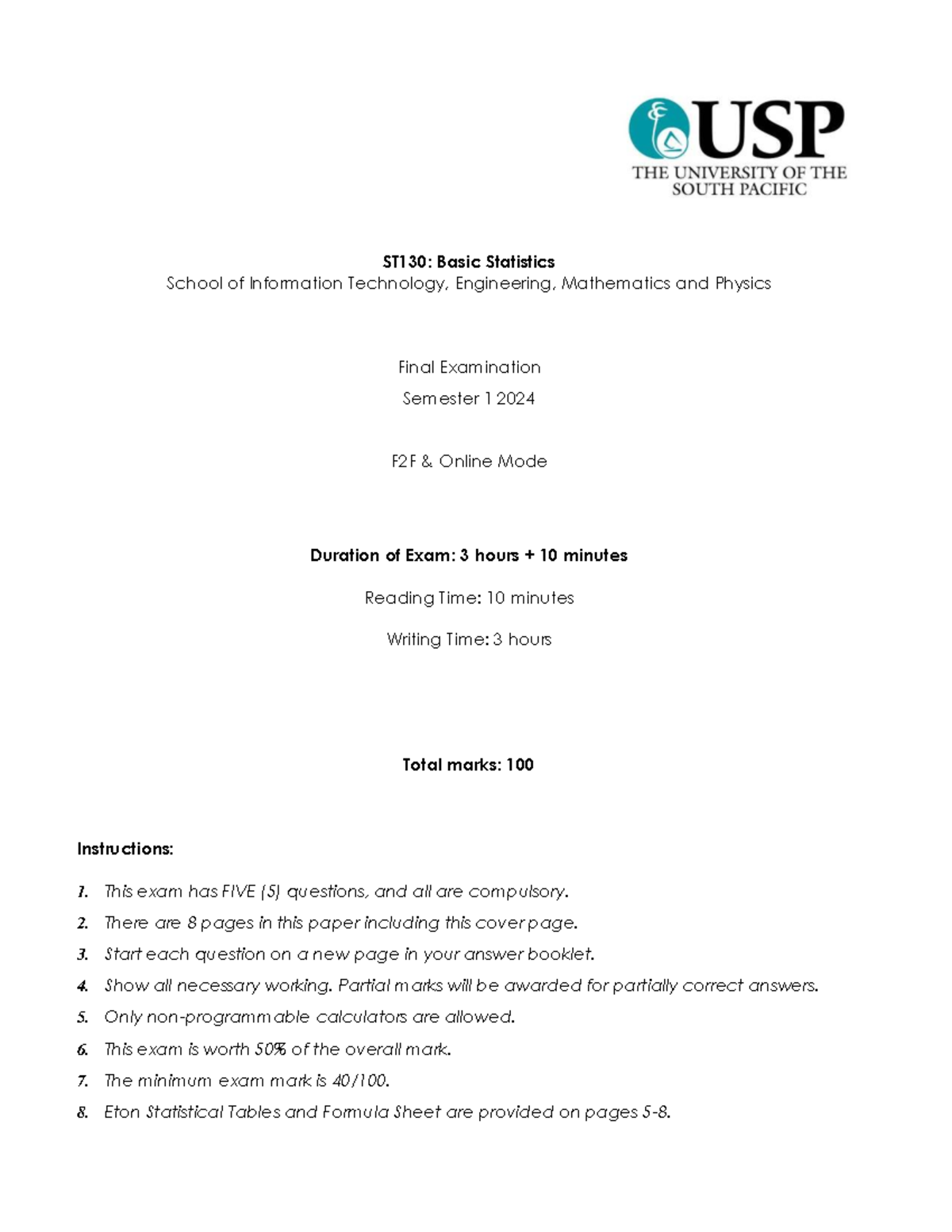 ST130: Final Exam Paper - Basic Statistics S1 2024 - Studocu