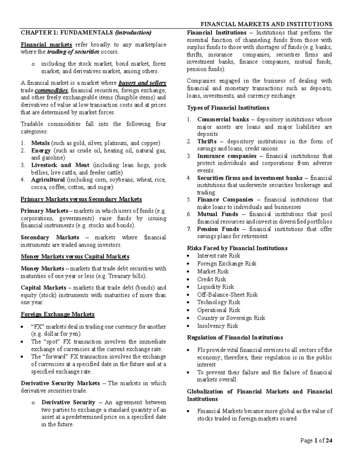 FM - Financial Markets and Institutions: Chapter 1 Fundamentals ...