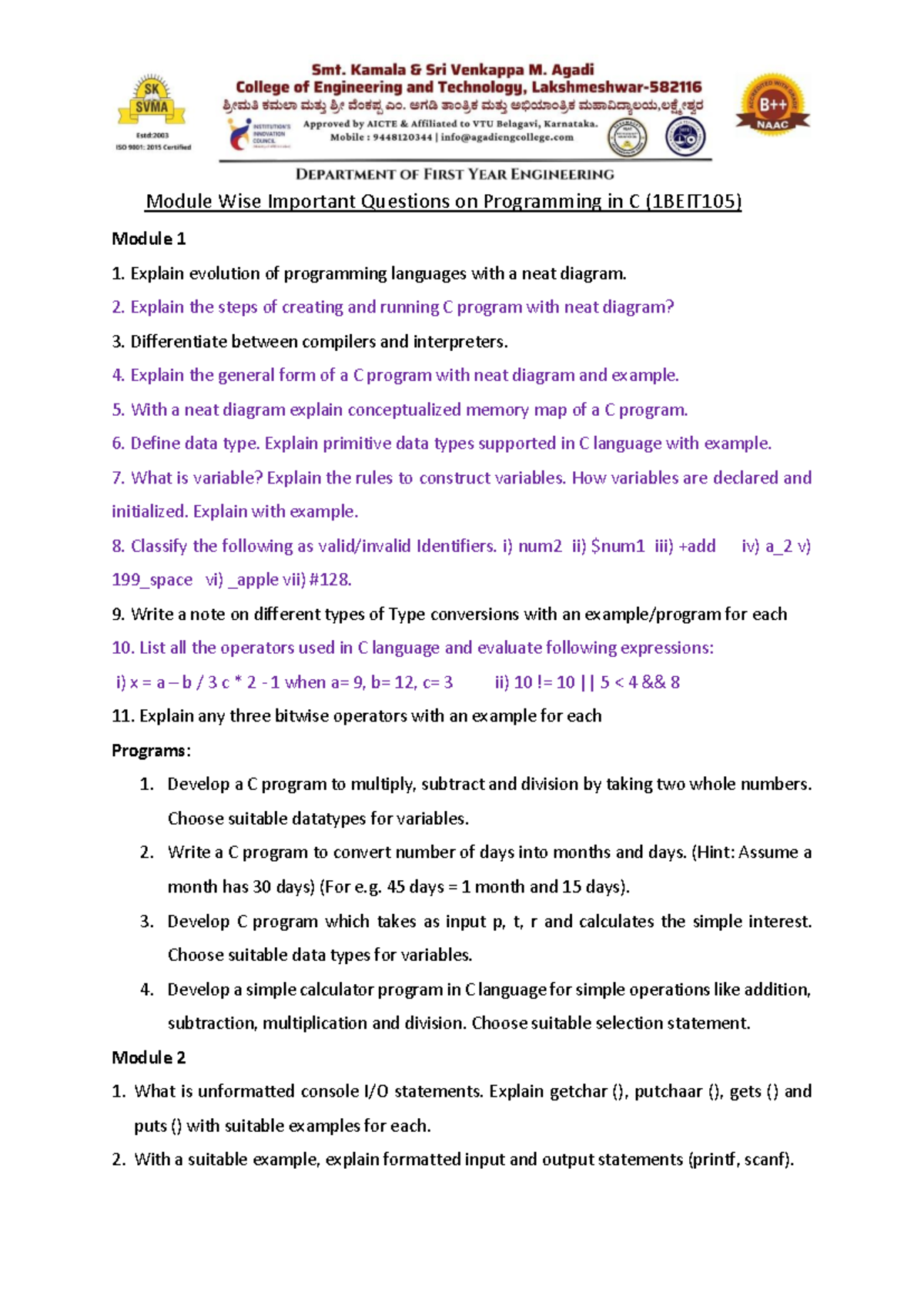 Module Wise Important Questions on C Programming (1BEIT105) - Studocu
