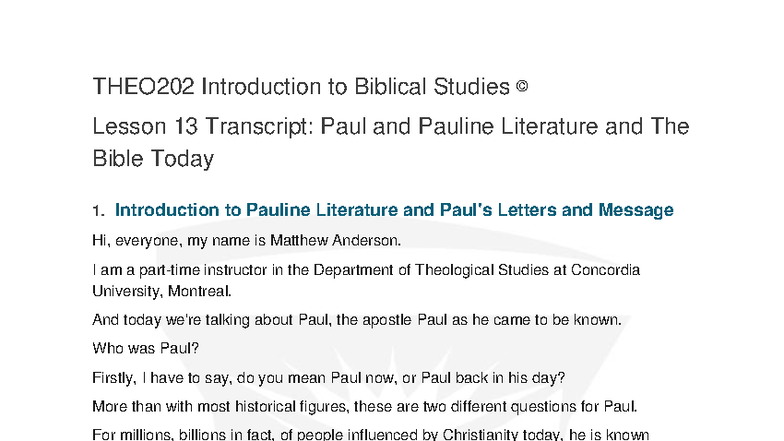 THEO202 Lesson 13 Transcript: Understanding Paul and His Letters - Studocu