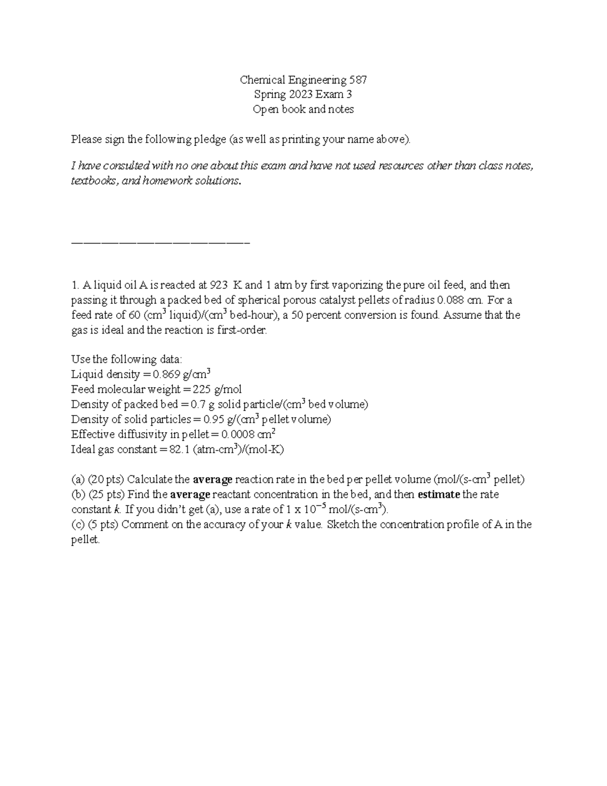 Ch E 587 S23 Exam 3 - Practice Exam with Open Book Notes - Studocu
