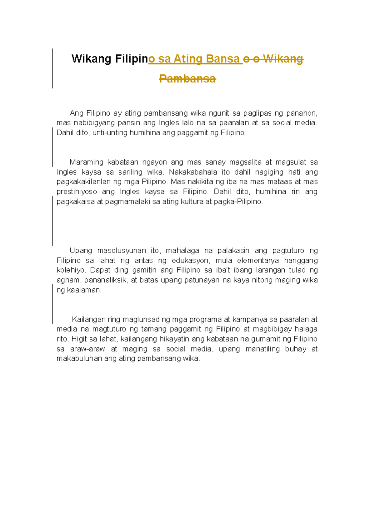 Wikang Filipino: Pagsusuri sa Kahalagahan at Pagsulong ng Wika - Studocu