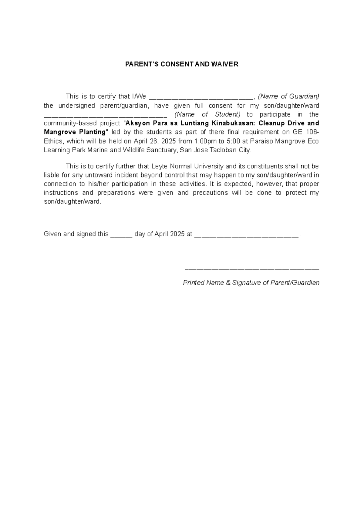 GE 106 Ethics: Parent Consent & Waiver for Cleanup Drive Participation - Studocu
