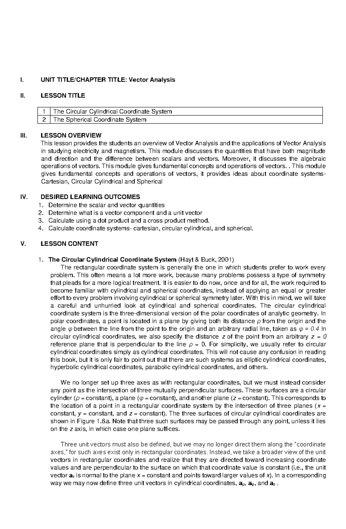 Electromagnetics - Lesson 3 - I. UNIT TITLE/CHAPTER TITLE: Vector ...